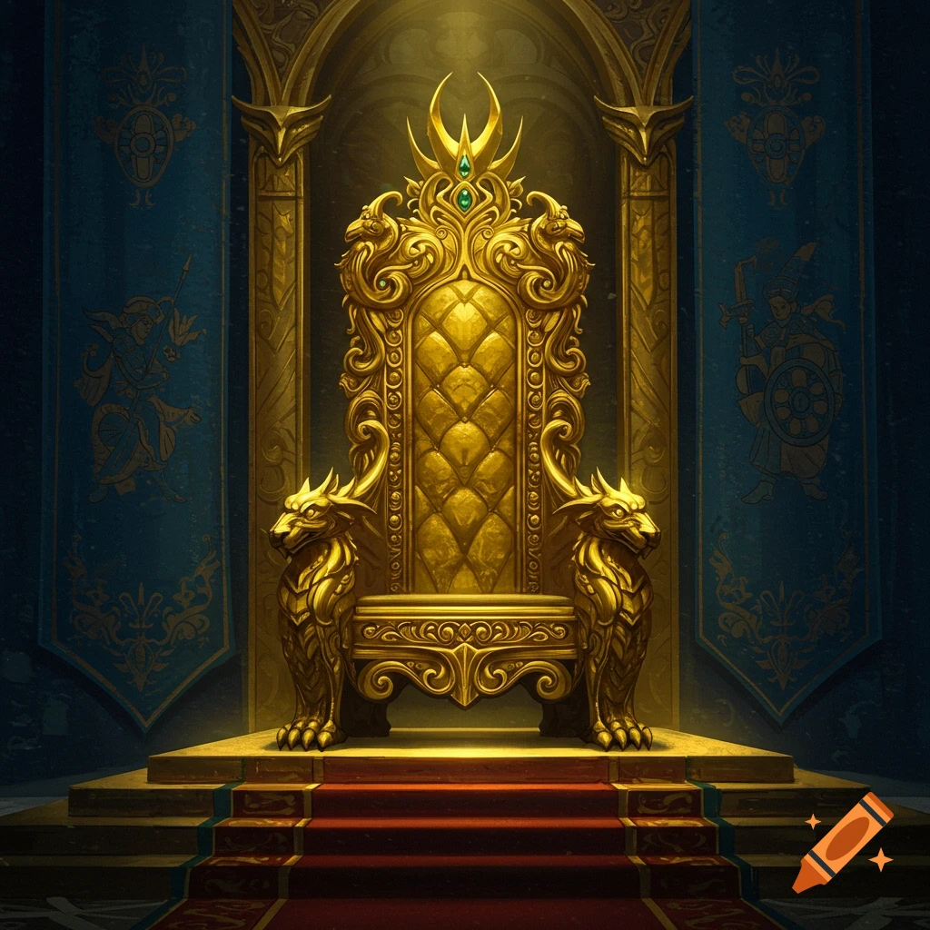 A grand, ornate golden throne with a high back, flanked by golden ...
