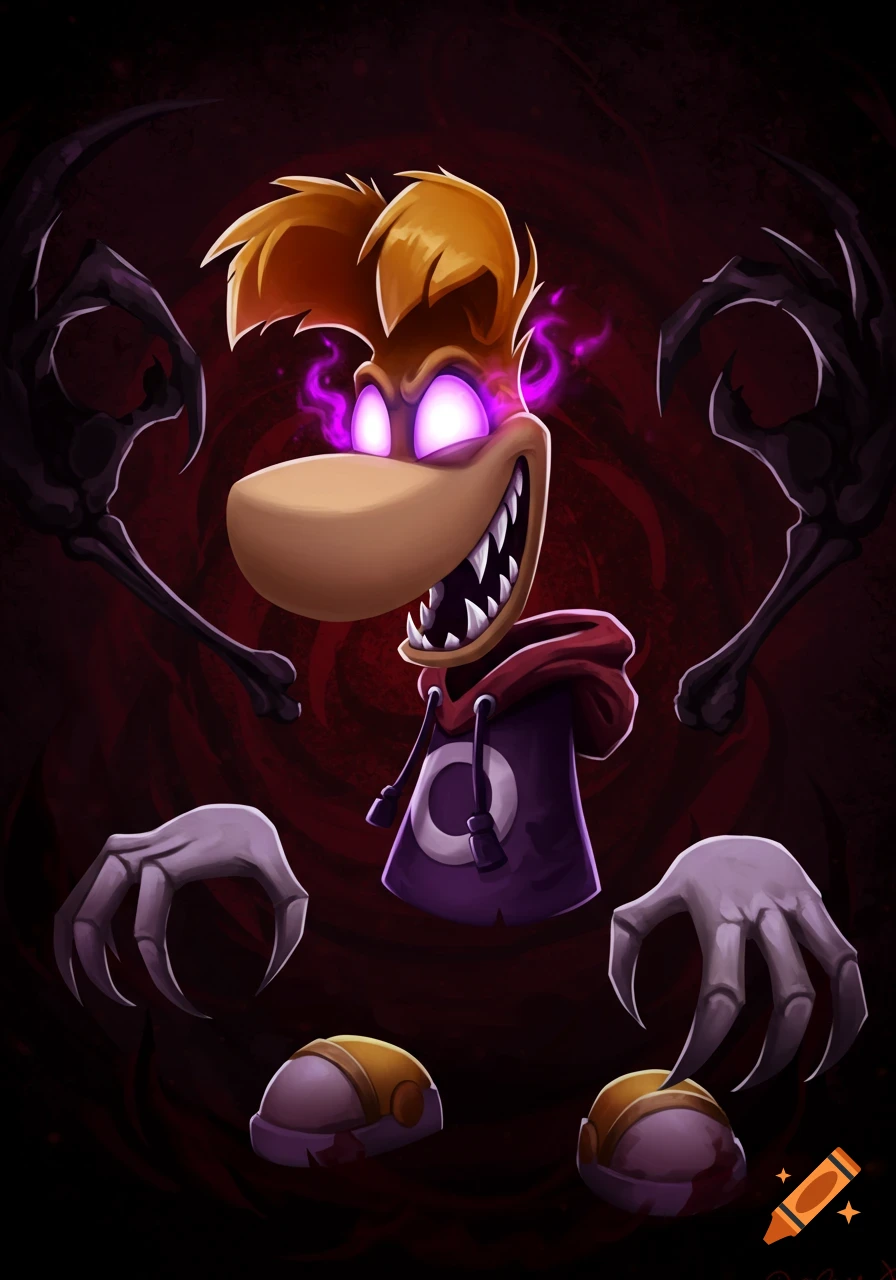 Dark stylized illustration of a scary Rayman with glowing purple eyes ...