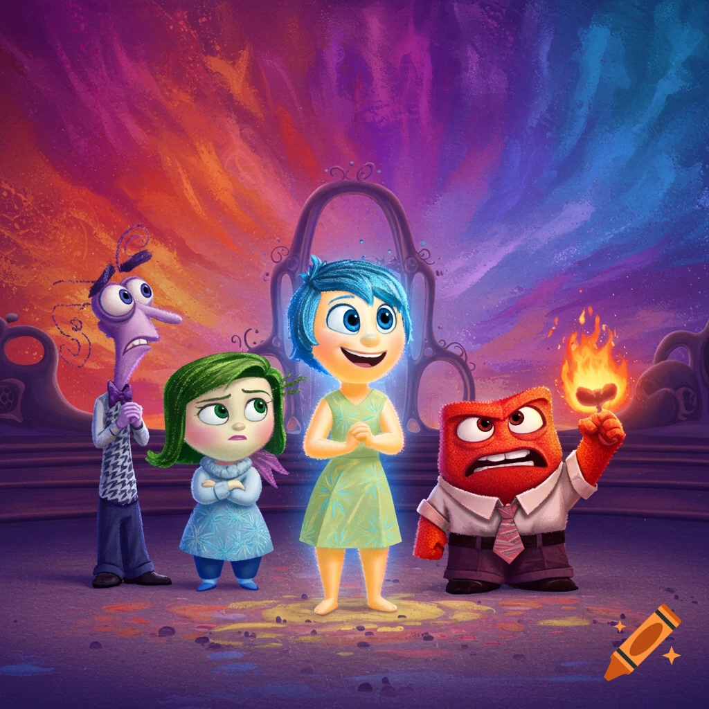 Four cartoon characters, Fear, Disgust, Joy, and Anger from Inside Out ...