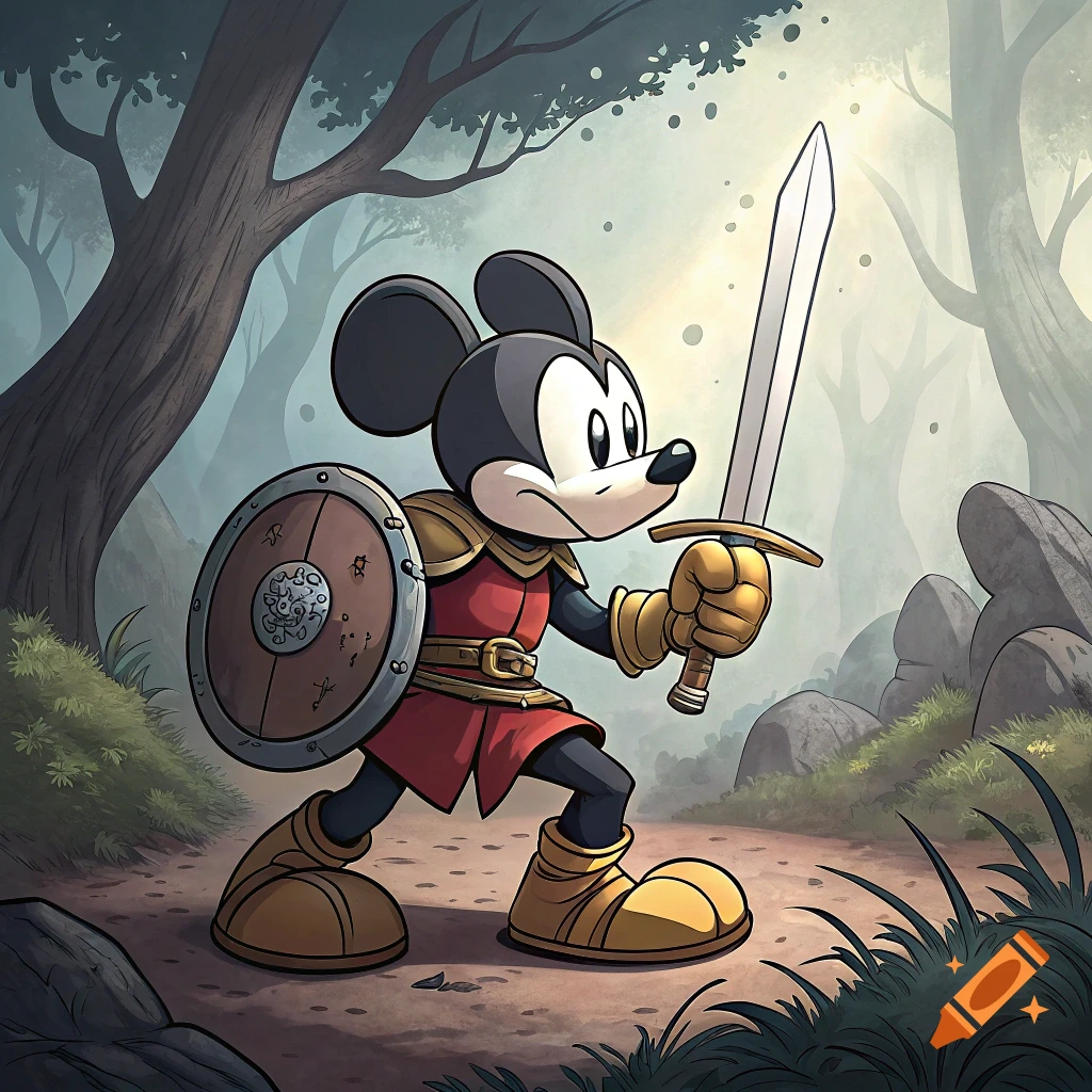 Mickey Mouse dressed in red and gold armor, holding a sword and shield ...