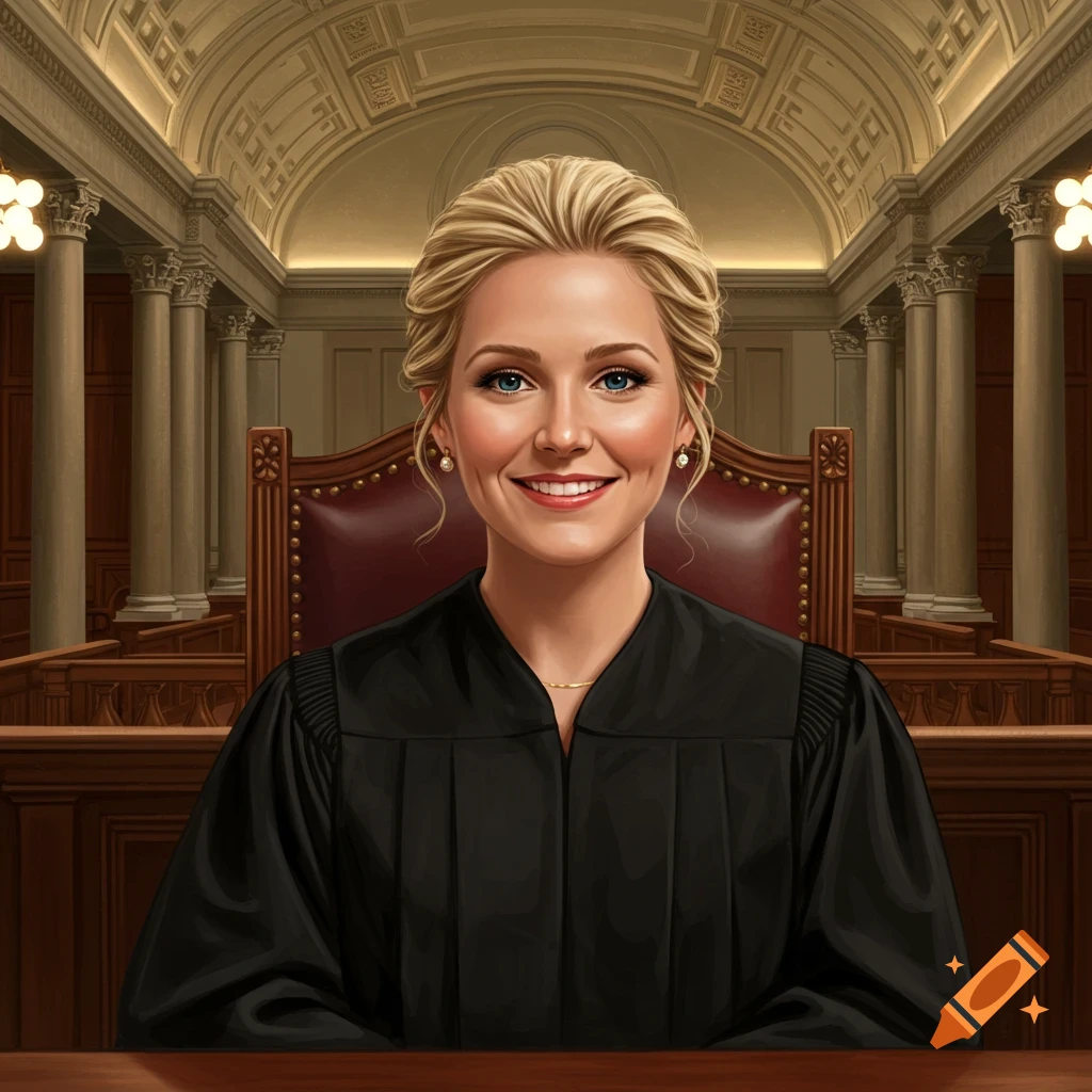A smiling blonde female judge in a black robe sits behind a wooden ...