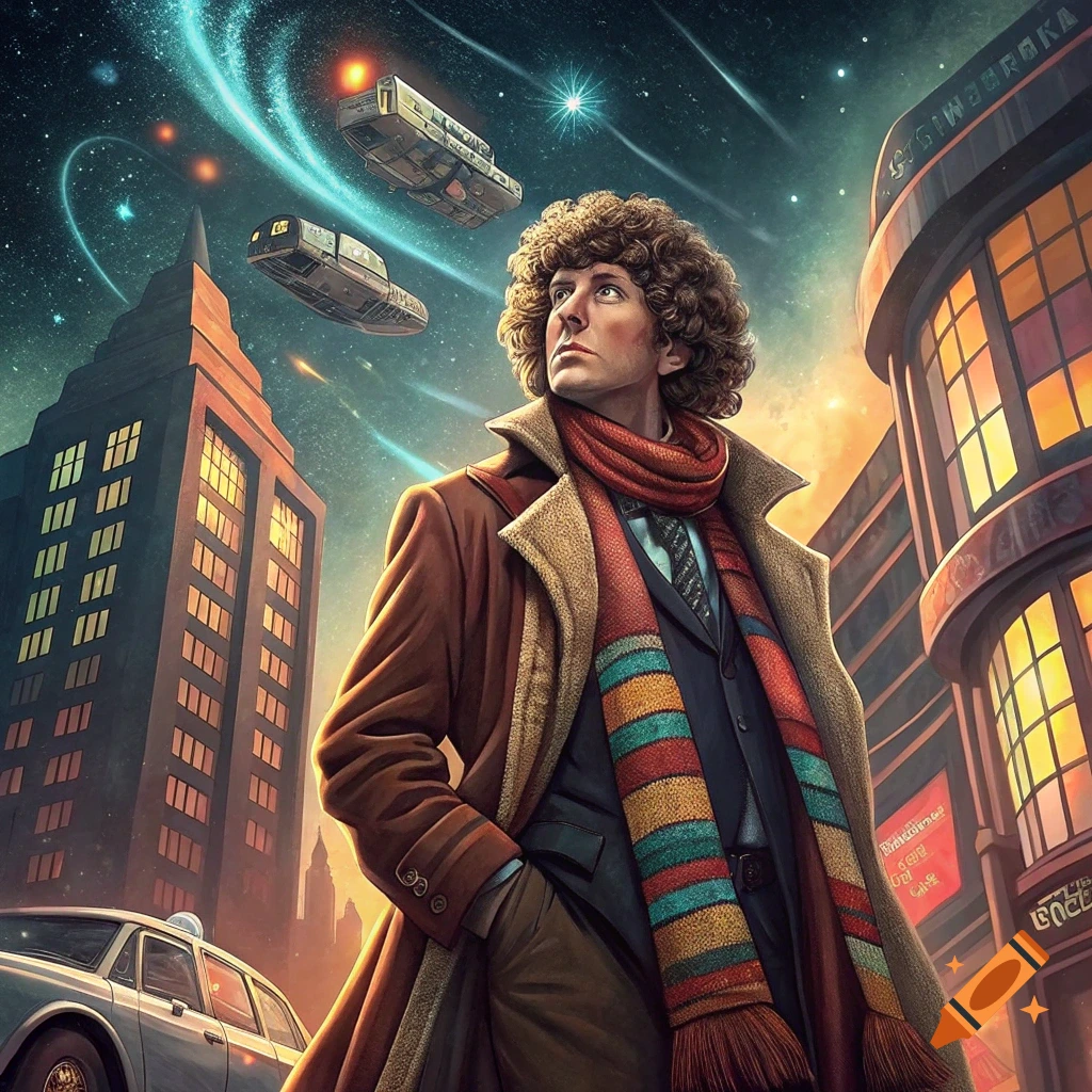 Stylized illustration of a man resembling Tom Baker as Doctor Who, in a ...