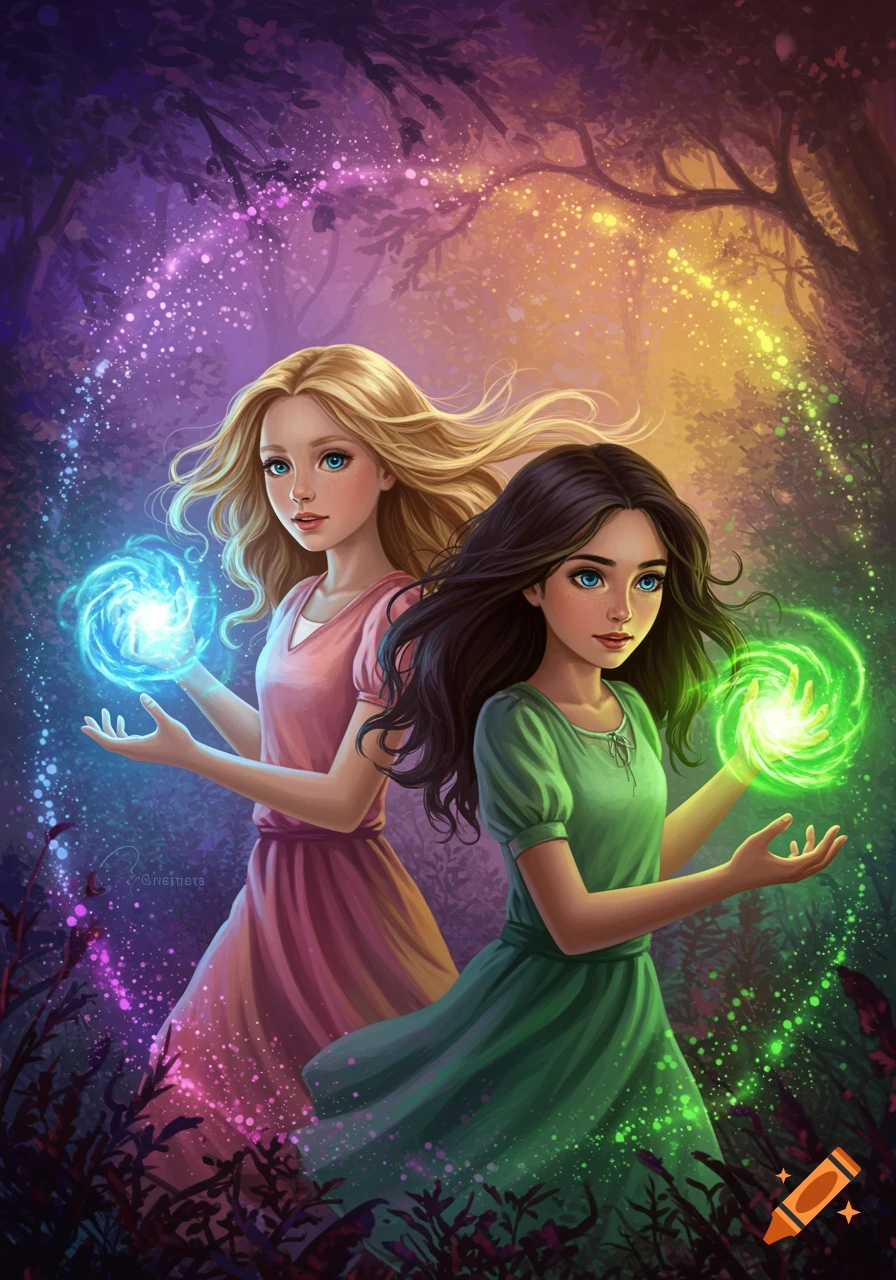 Two young girls, one blonde and one dark-haired, stand in a magical ...