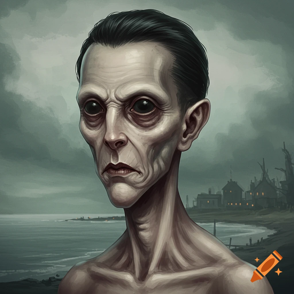 A gaunt, pale figure with large dark eyes against a gloomy, overcast ...