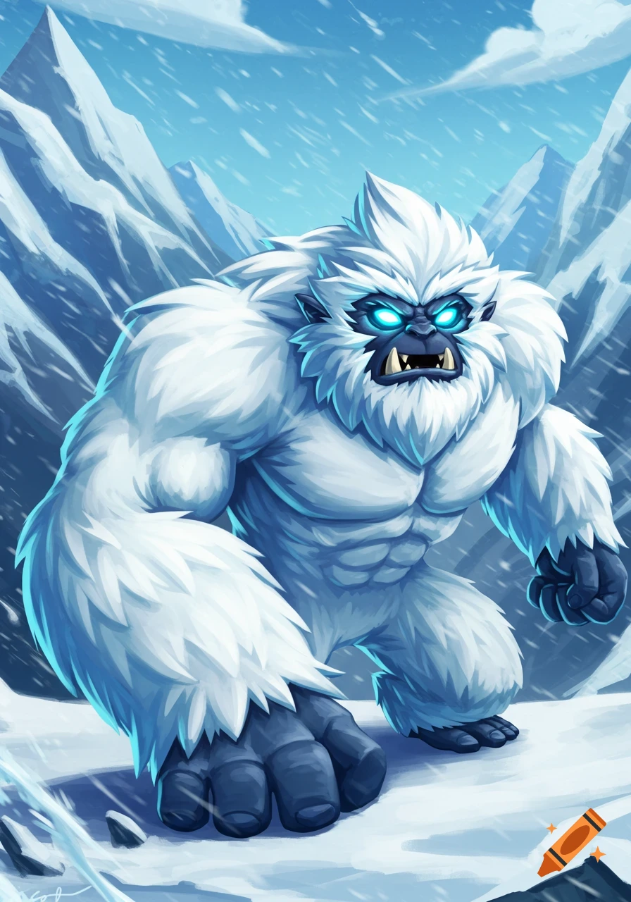 A muscular white yeti with glowing blue eyes and sharp teeth stands in a snowy mountain ...