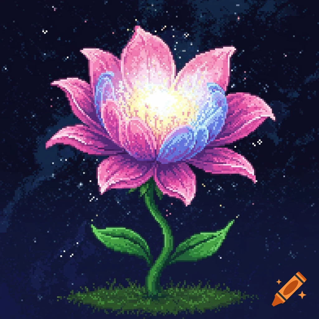 Pixel art of a glowing pink and blue fantasy flower with a green stem ...