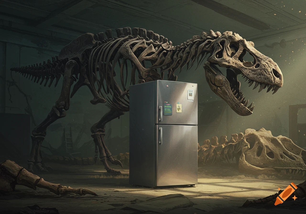 A large Tyrannosaurus Rex skeleton stands behind a stainless steel ...