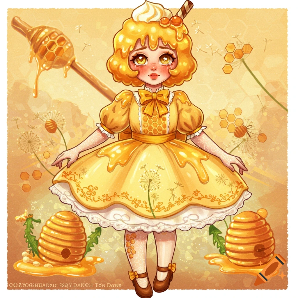 A cute honey-themed character, Puffette Drizzlen, in a yellow dress ...
