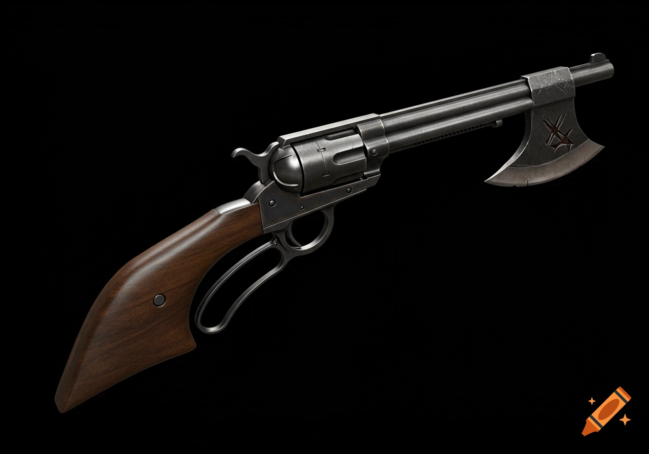 A detailed render of a lever-action revolver rifle with an axe blade ...