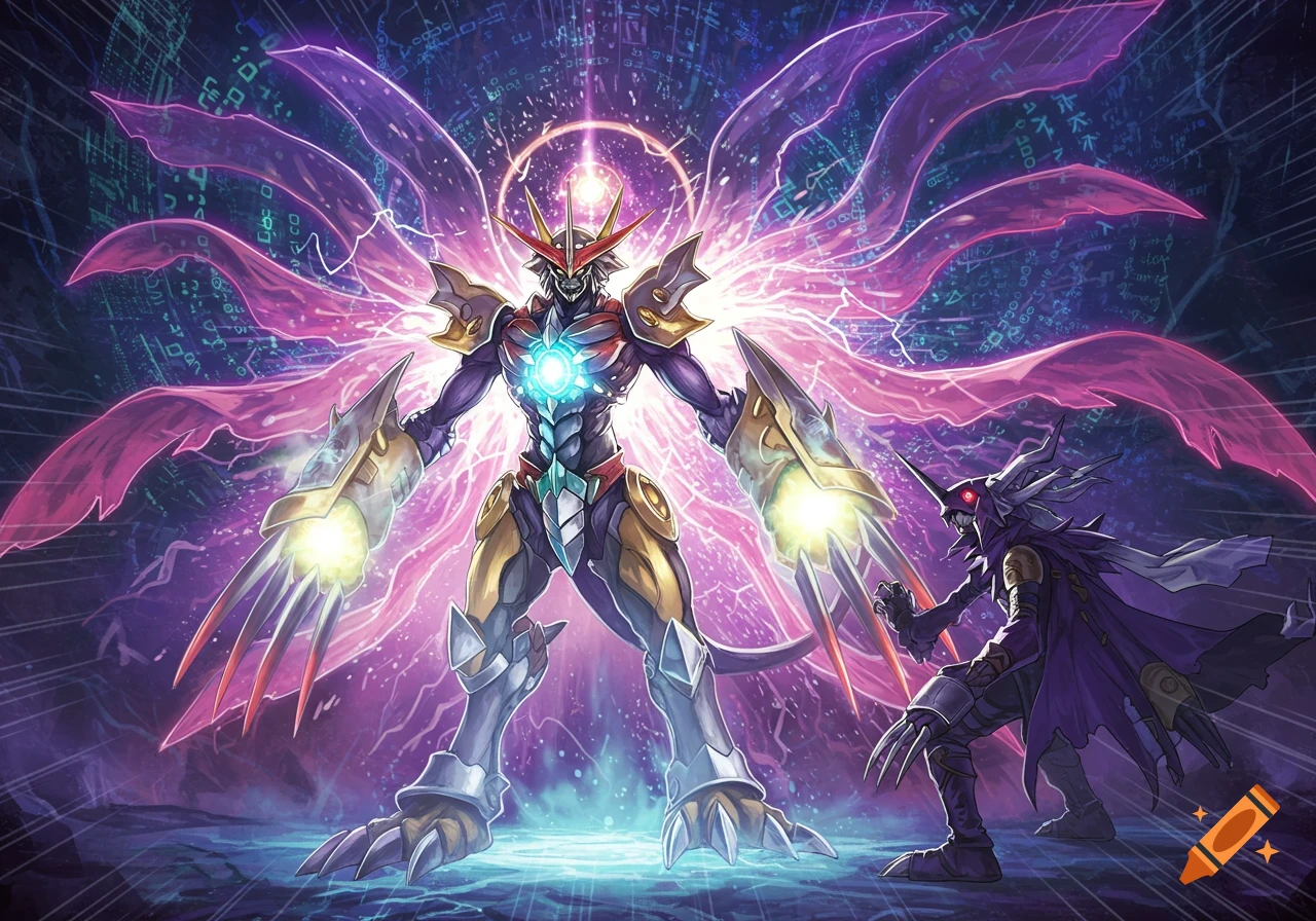 Two powerful, armored digital monsters, one radiating pink energy ...