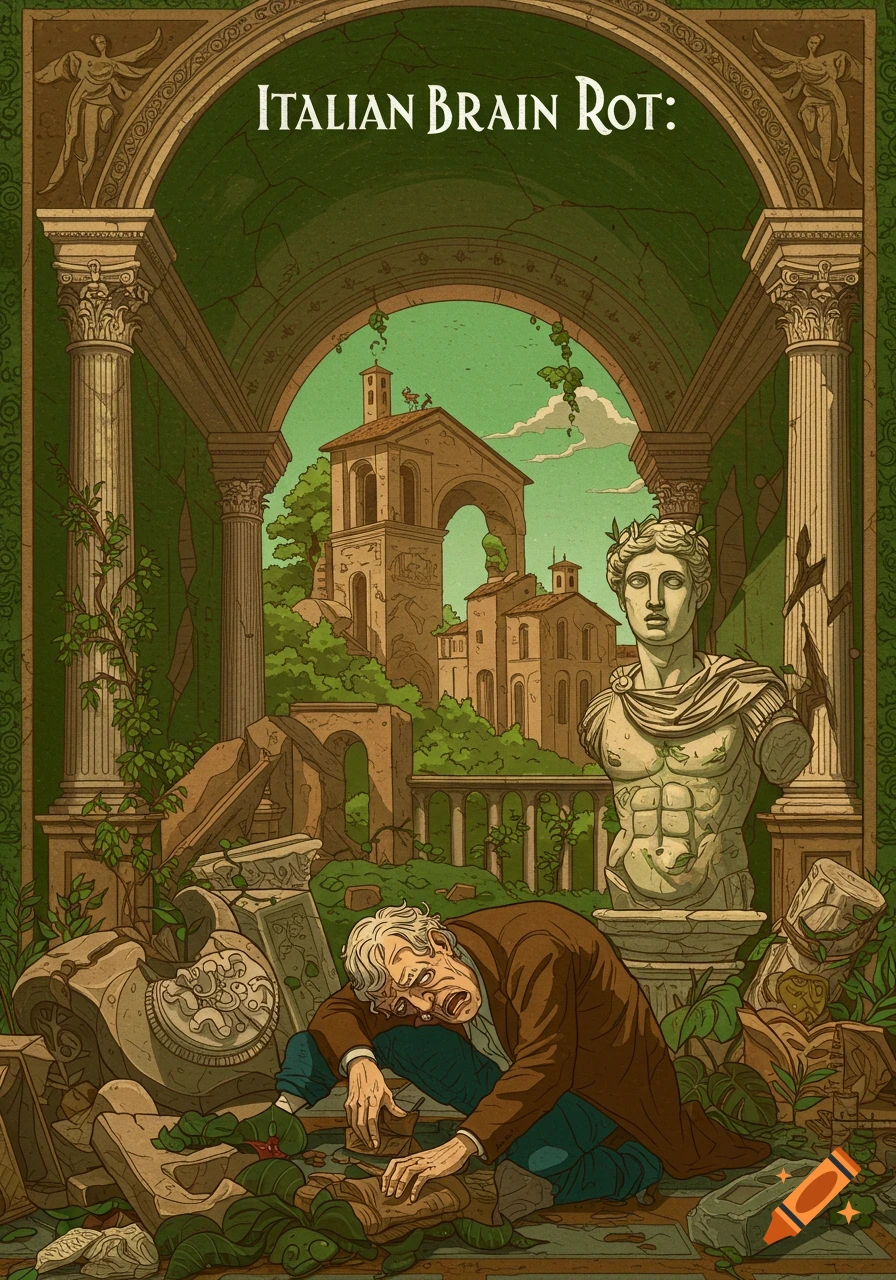 Detailed illustration of a distressed old man amidst overgrown Roman ...