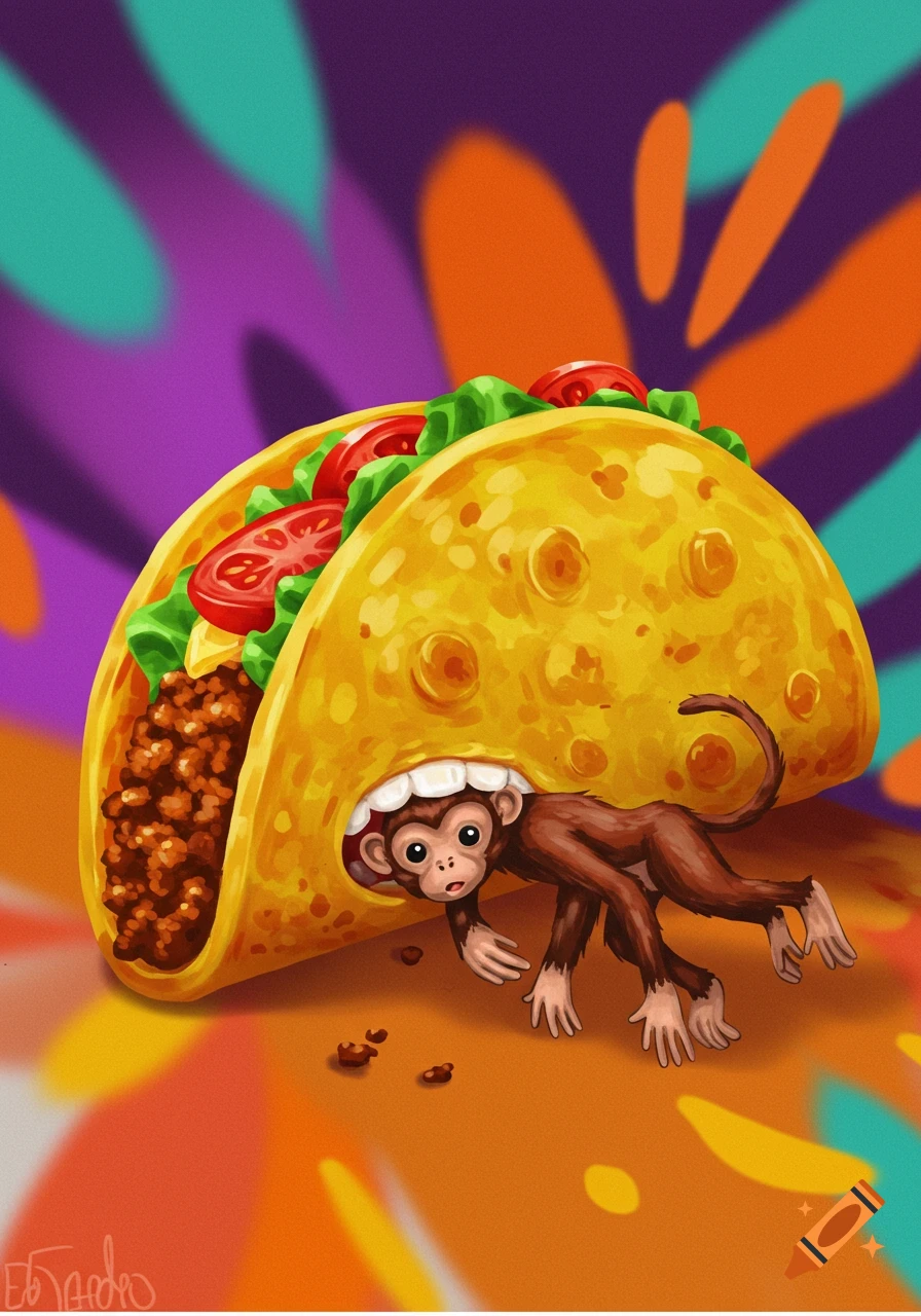 Cartoon illustration of a small monkey emerging from a large, detailed ...