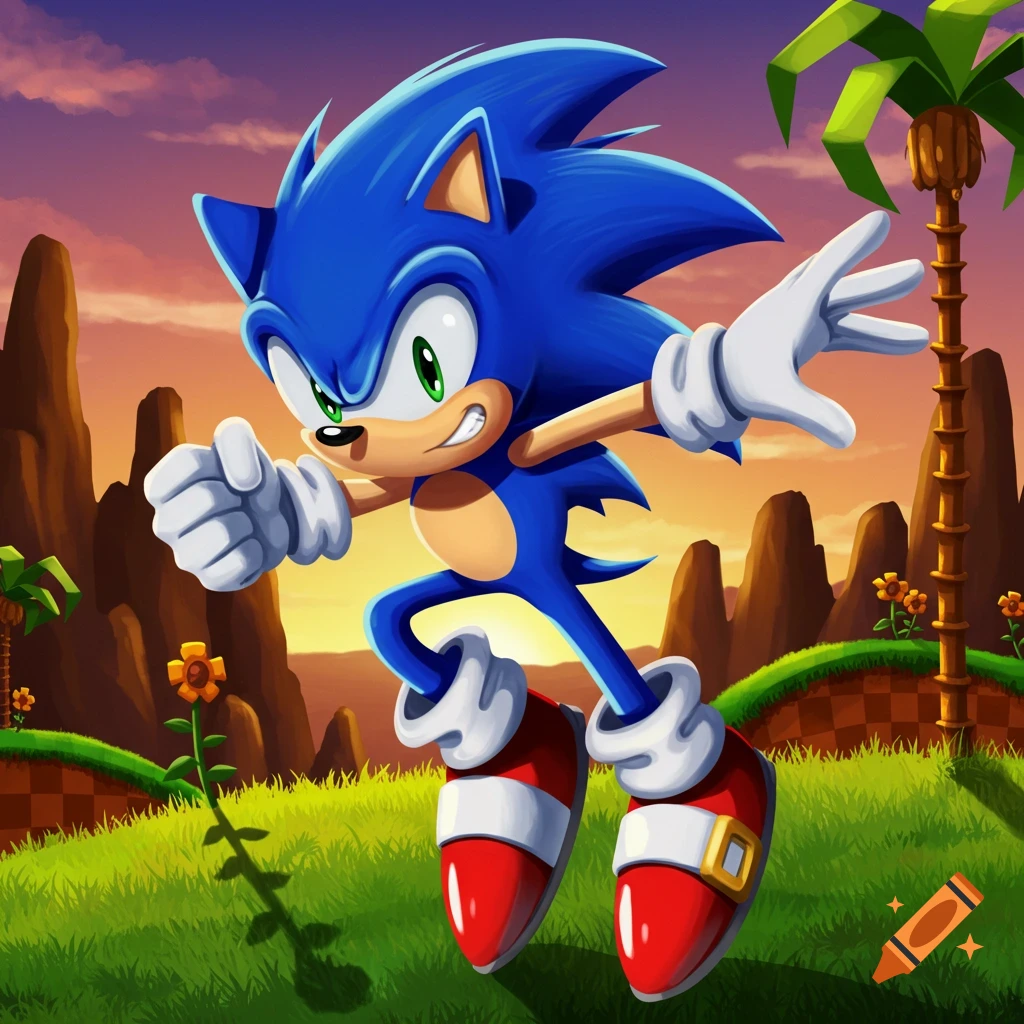 Sonic the Hedgehog running in a vibrant cartoon landscape with green ...