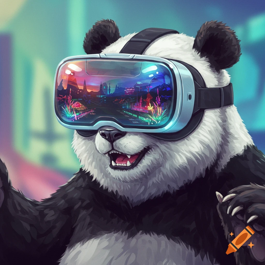 A happy panda wearing a VR headset that reflects a vibrant, futuristic ...