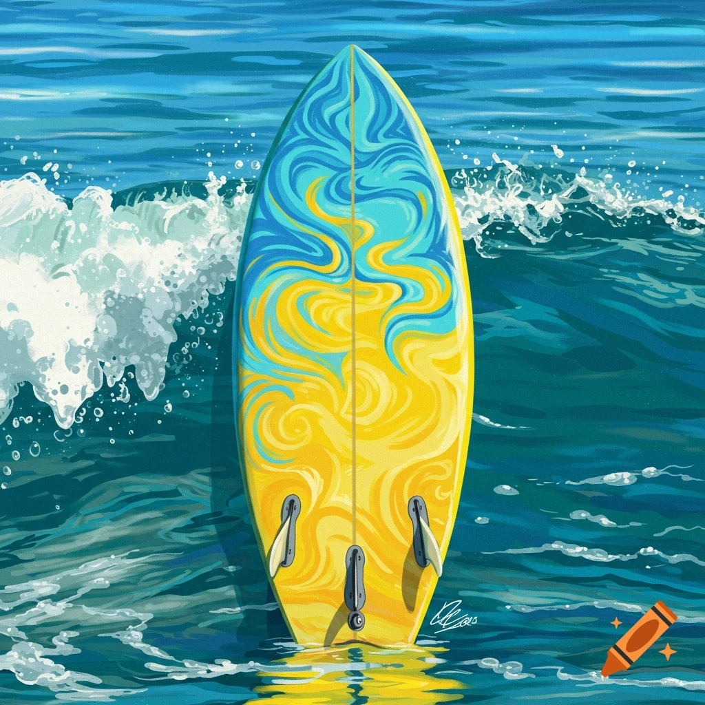 A vibrant yellow and blue patterned surfboard floats in the clear blue ...