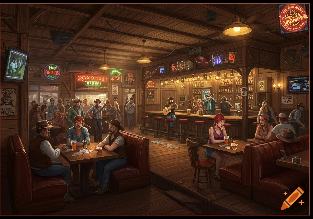 A lively roadhouse bar interior with patrons sitting at tables and at ...