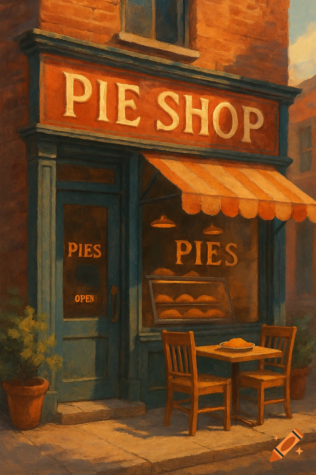 A painterly depiction of a pie shop facade with a striped awning ...