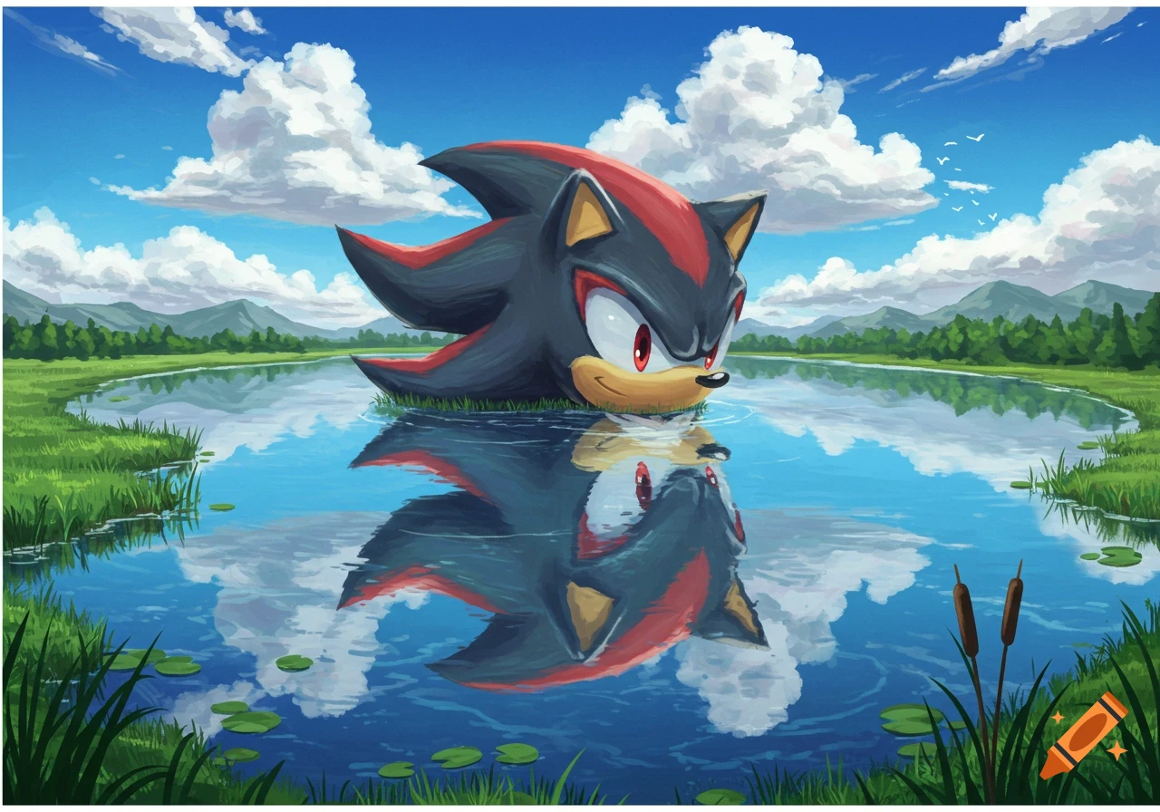 Shadow the Hedgehog's head rises from a still lake, perfectly reflected ...