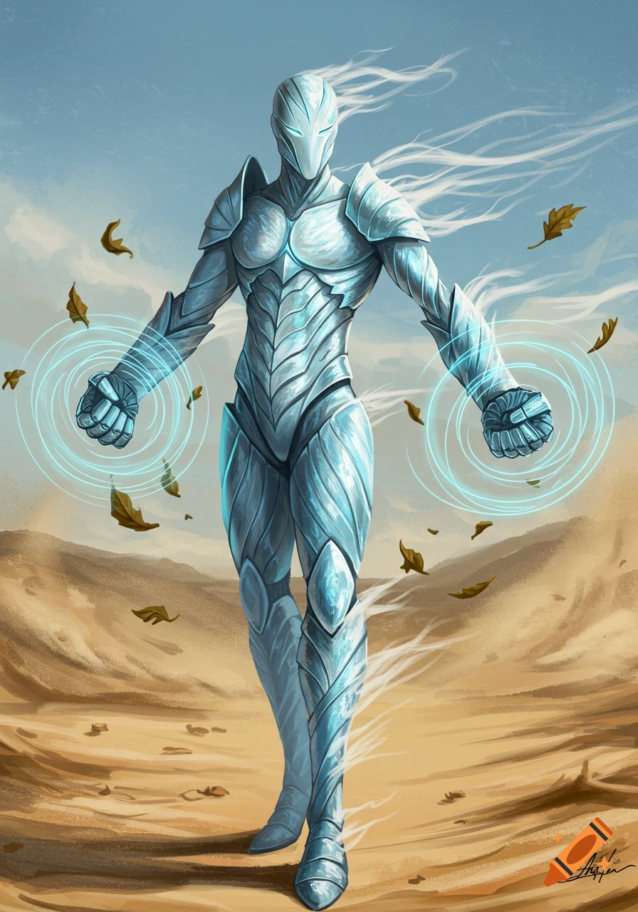 A humanoid figure in sleek, silvery-blue armor with glowing gauntlets ...