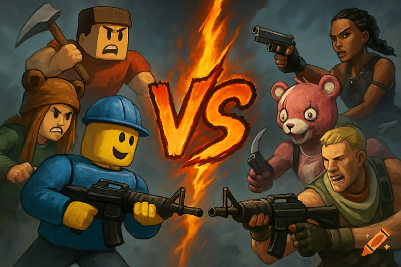 Cartoonish characters resembling Roblox and Fortnite styles battling ...