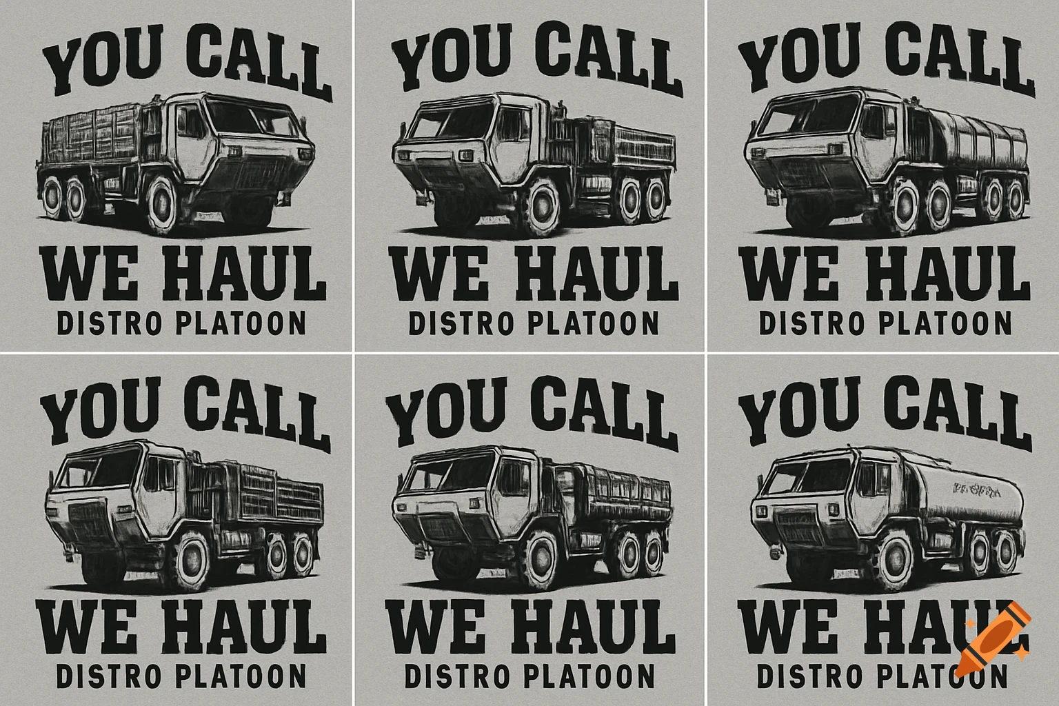 A grid of six t-shirt designs featuring stylized military trucks (cargo ...