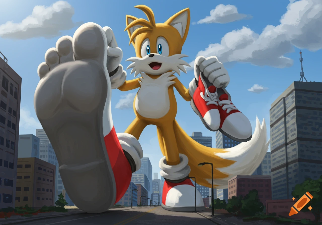 Giant cartoon fox character, Tails, stands in a city street. One large ...