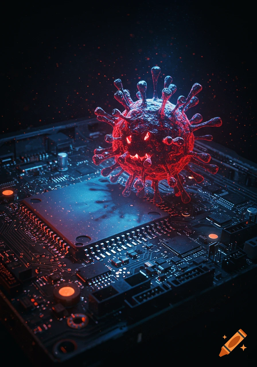A glowing red virus symbol with angry eyes sits on a dark, blue-lit ...