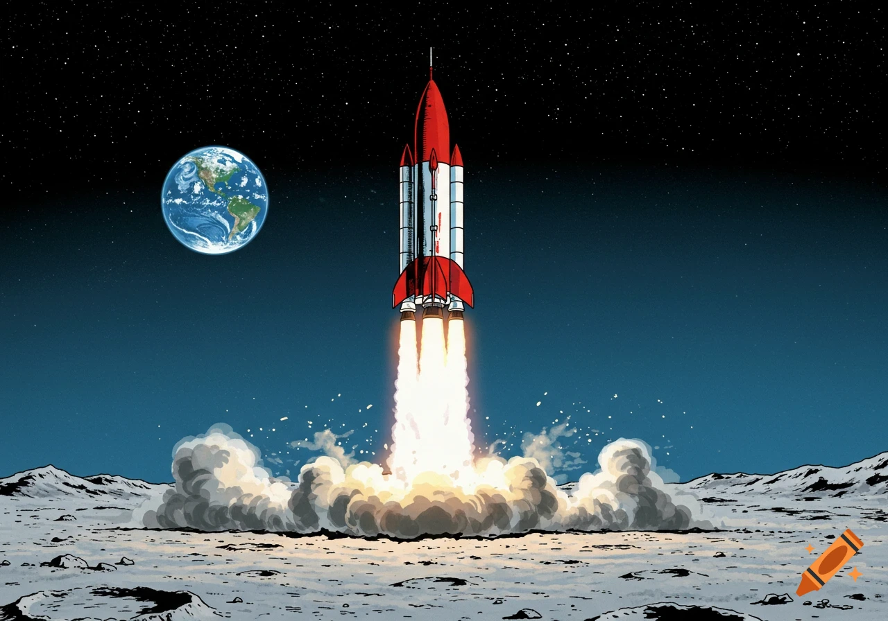 A red and white rocket taking off from the moon's surface, with Earth ...