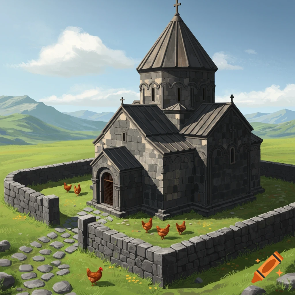 A stylized illustration of a medieval Armenian monastery with a conical ...