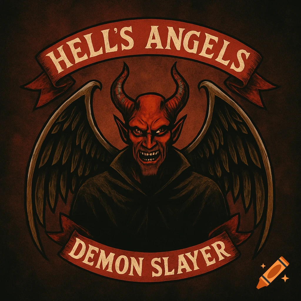 Illustration of a red-skinned demon with horns and wings on an emblem ...
