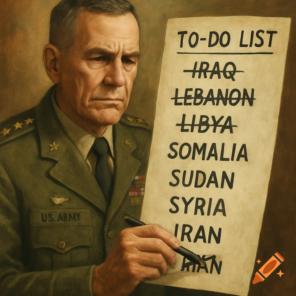 A serious-looking U.S. Army general in uniform holds a pen over a to-do ...