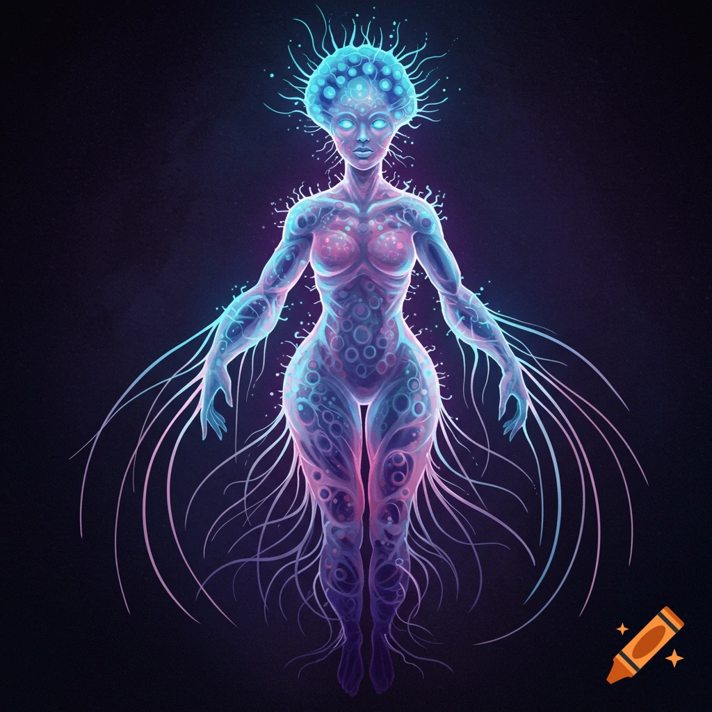 A stylized illustration of a glowing humanoid figure composed of translucent, bioluminescent ...