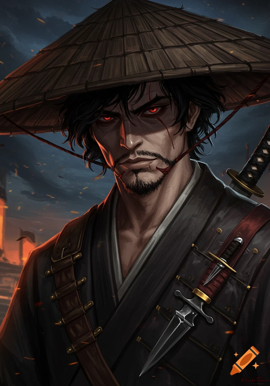 An intense digital painting of a dark-haired man with glowing red eyes ...