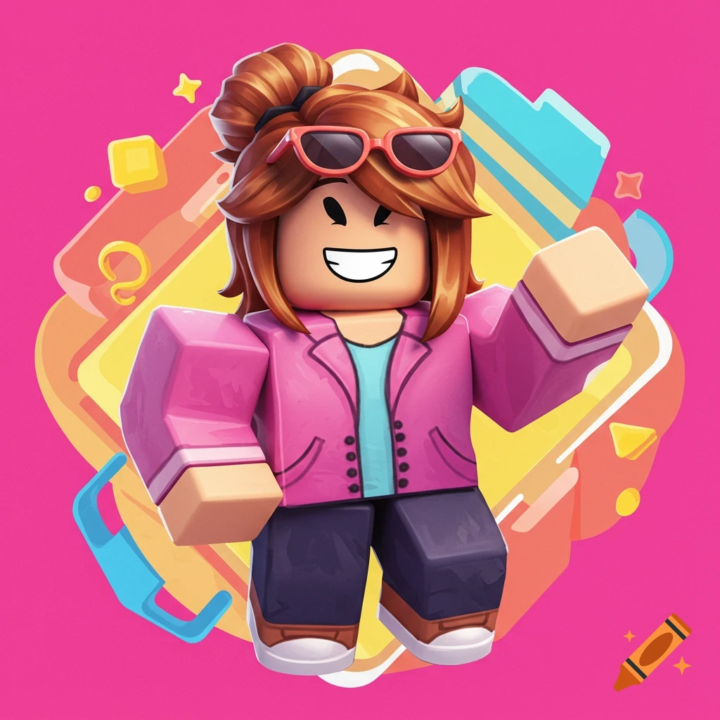 A Roblox female avatar with brown hair, pink jacket, and sunglasses ...
