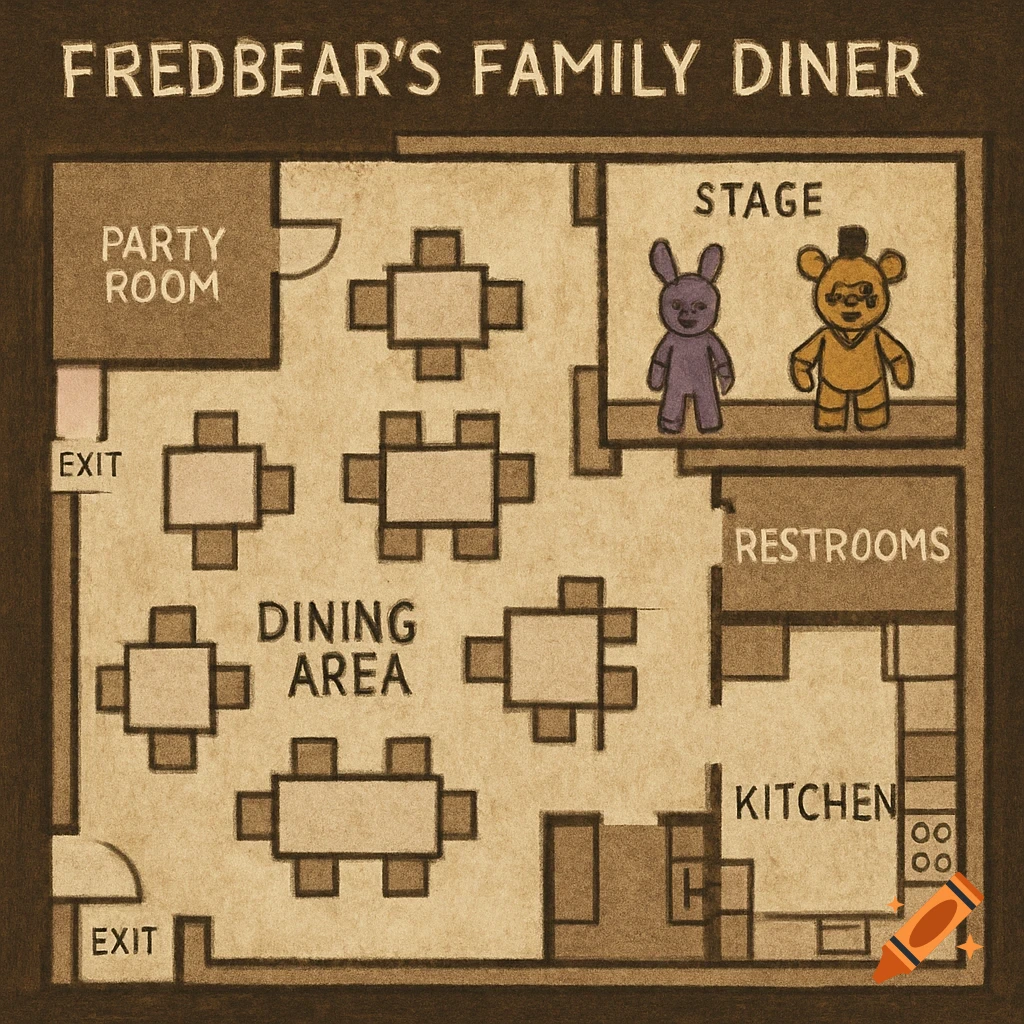A cartoon-style floor plan map of Fredbear's Family Diner, showing the ...