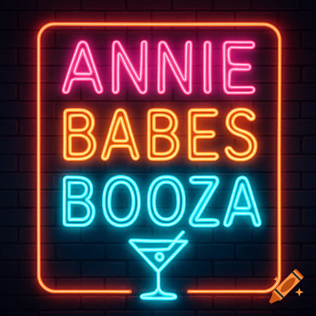 A vibrant neon sign with pink, orange, and blue lights spelling 'ANNIE ...