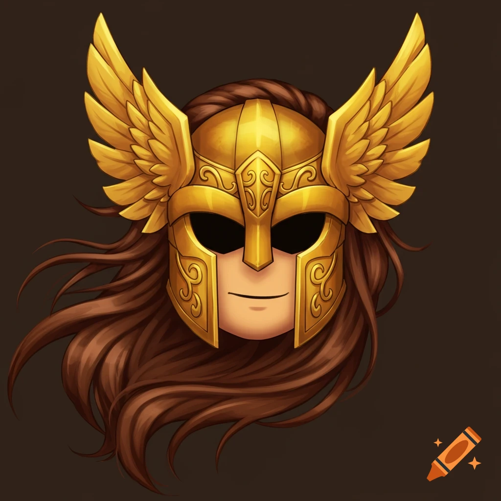 A cartoon-style golden Valkyrie helmet with wings and flowing brown ...