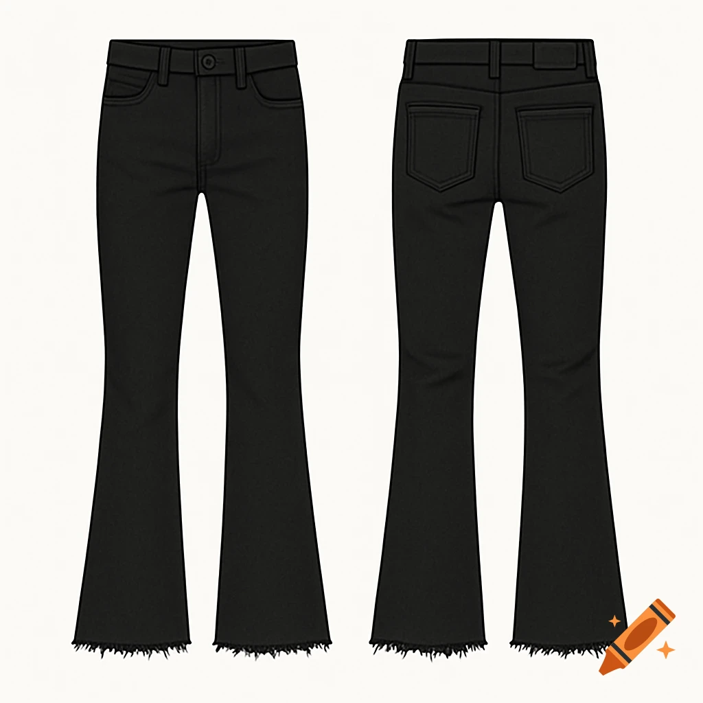 2D front and back view of black flared jeans with frayed bottoms. on ...