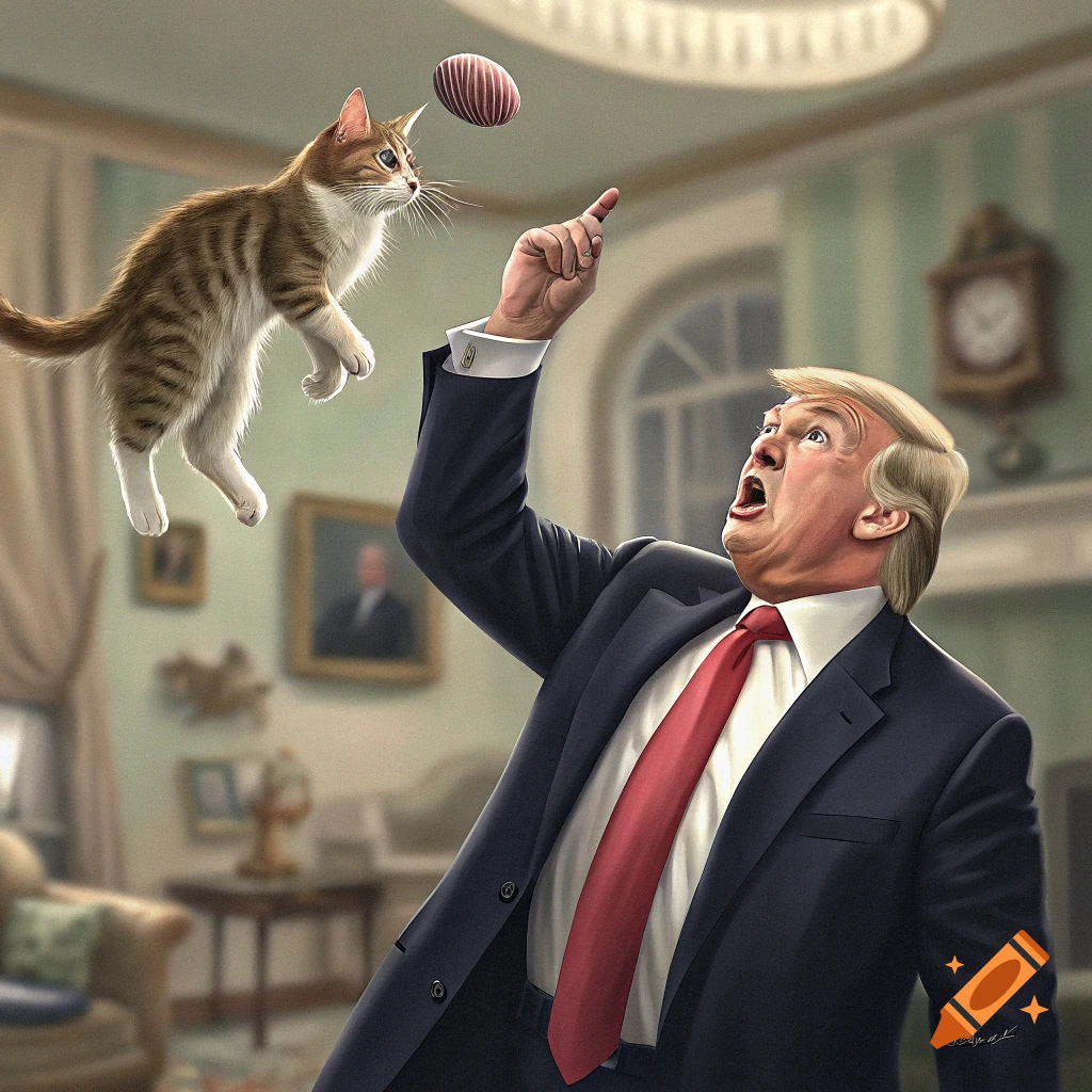 Illustration of Donald Trump pointing up at a levitating cat and a ...