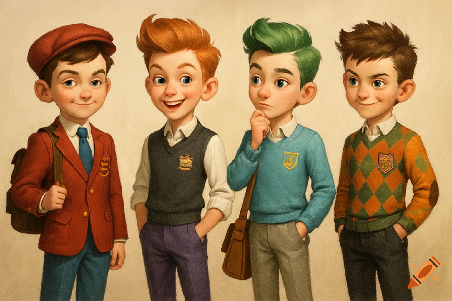 Four stylized young boys in preppy outfits, each with unique hair and ...