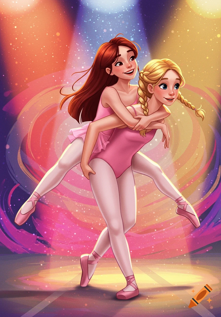 Two cartoon ballerinas in pink leotards, one giving the other a ...