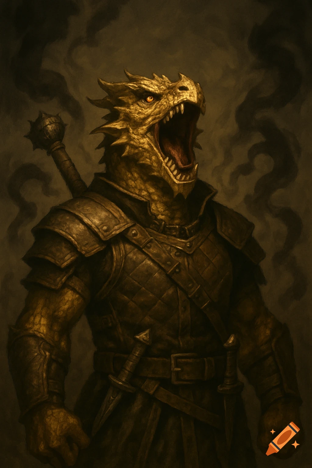 A fierce gold dragonborn warrior in leather armor with a mace and daggers, roaring with an open ...