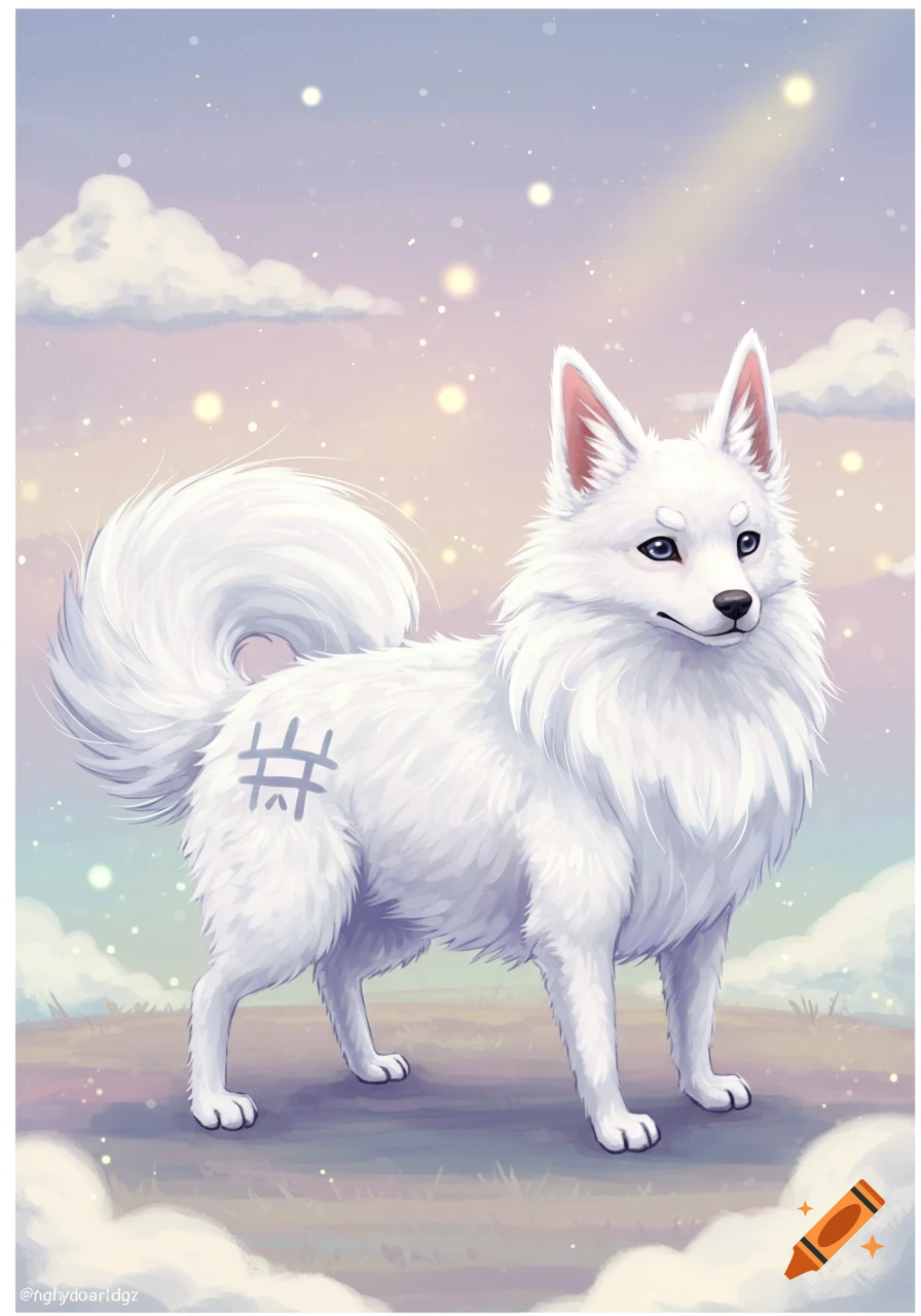 A fluffy white dog with blue eyes and pointy ears stands in a soft ...