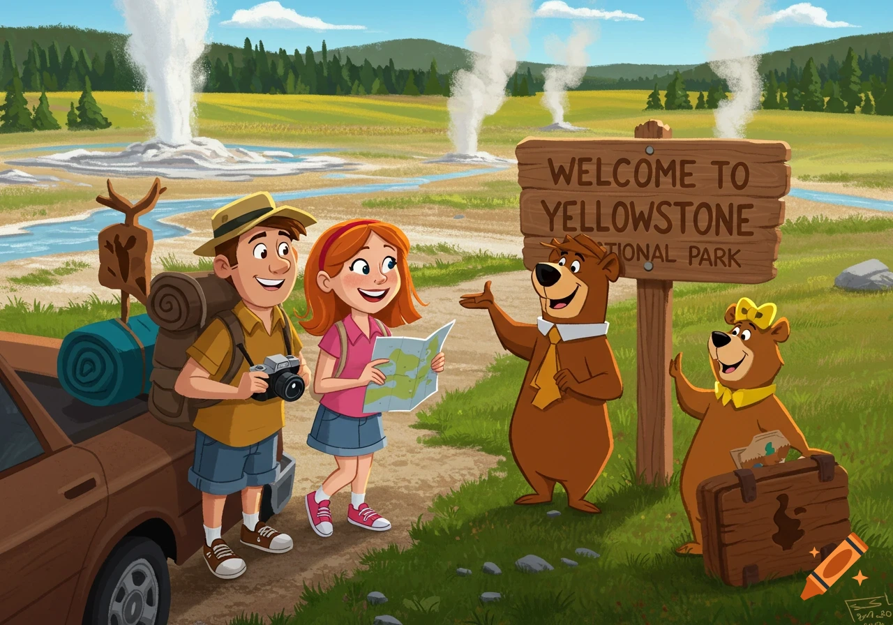 Cartoon of two tourists greeted by Yogi Bear and Boo Boo at Yellowstone ...