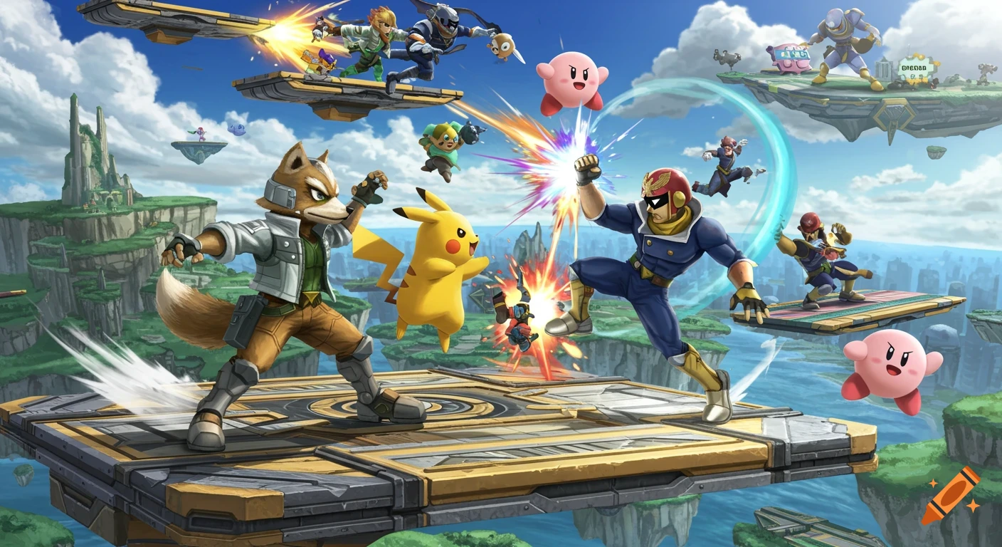 Fox, Pikachu, Captain Falcon, and Kirby battle on floating platforms in ...