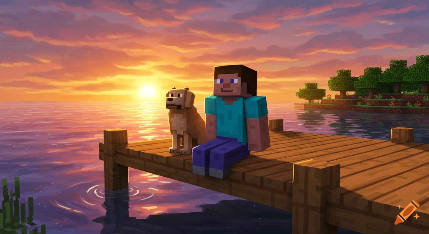 A Minecraft player and his dog sit on a wooden dock overlooking a ...