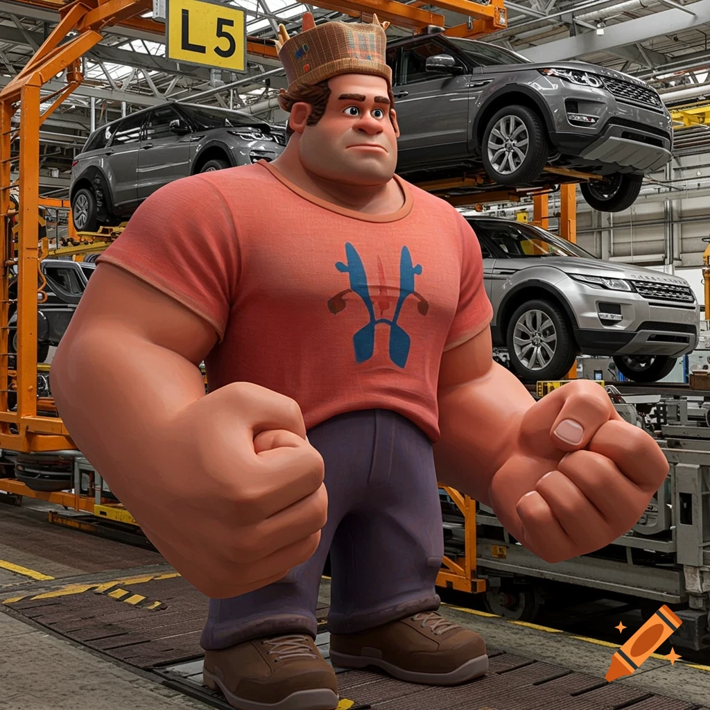 Wreck-It Ralph with massive hands stands on a car production line with ...