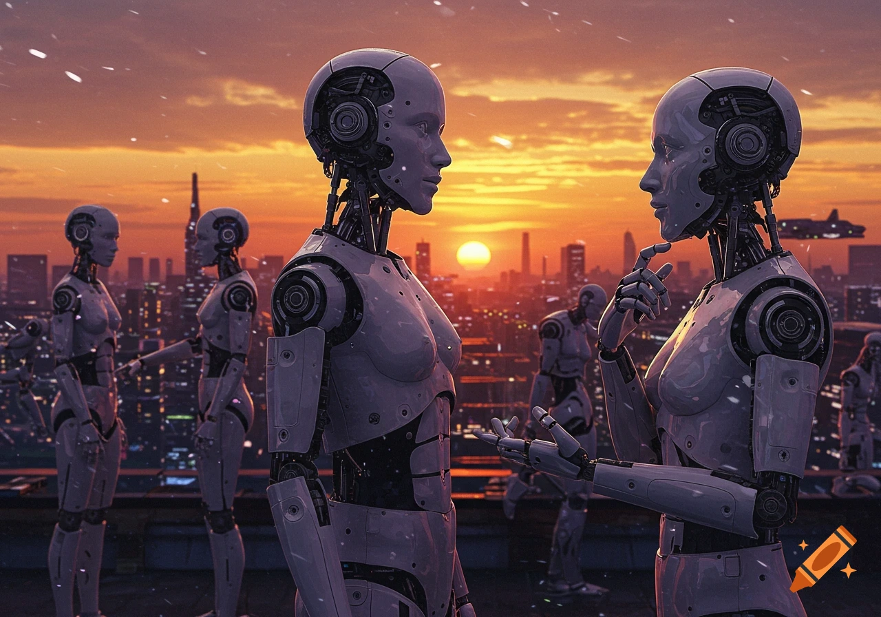 Photorealistic image of multiple humanoid robots on a city rooftop at ...
