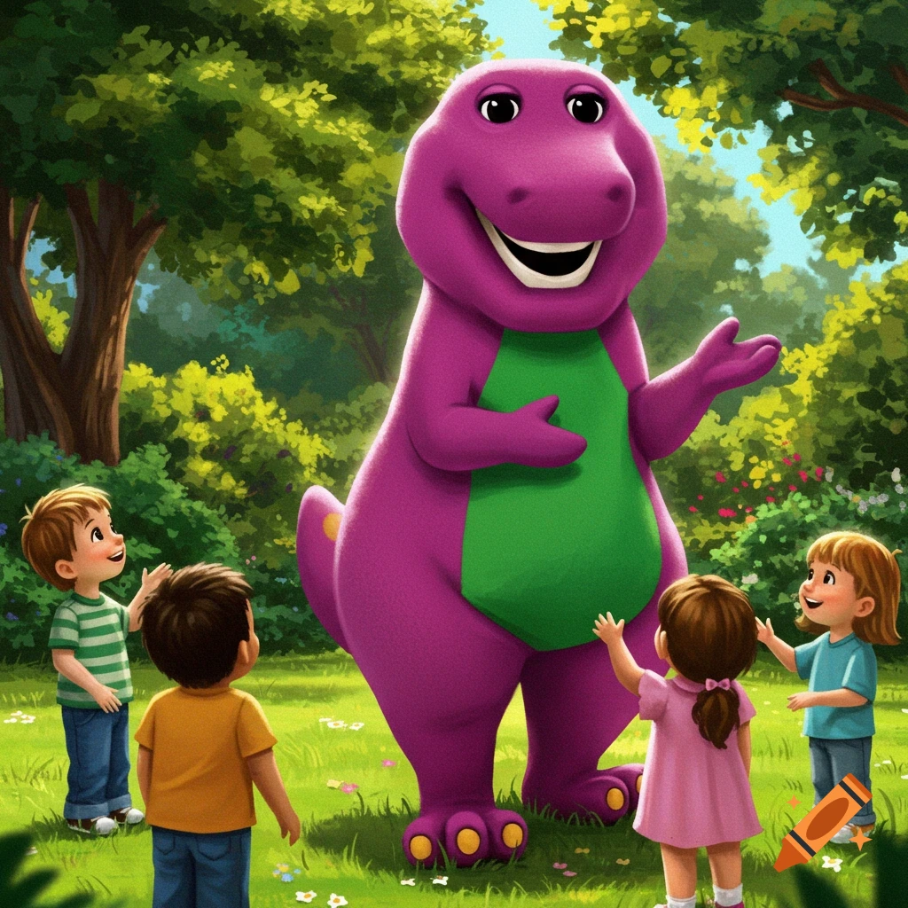 Barney the purple dinosaur stands in a sunny park with three children ...