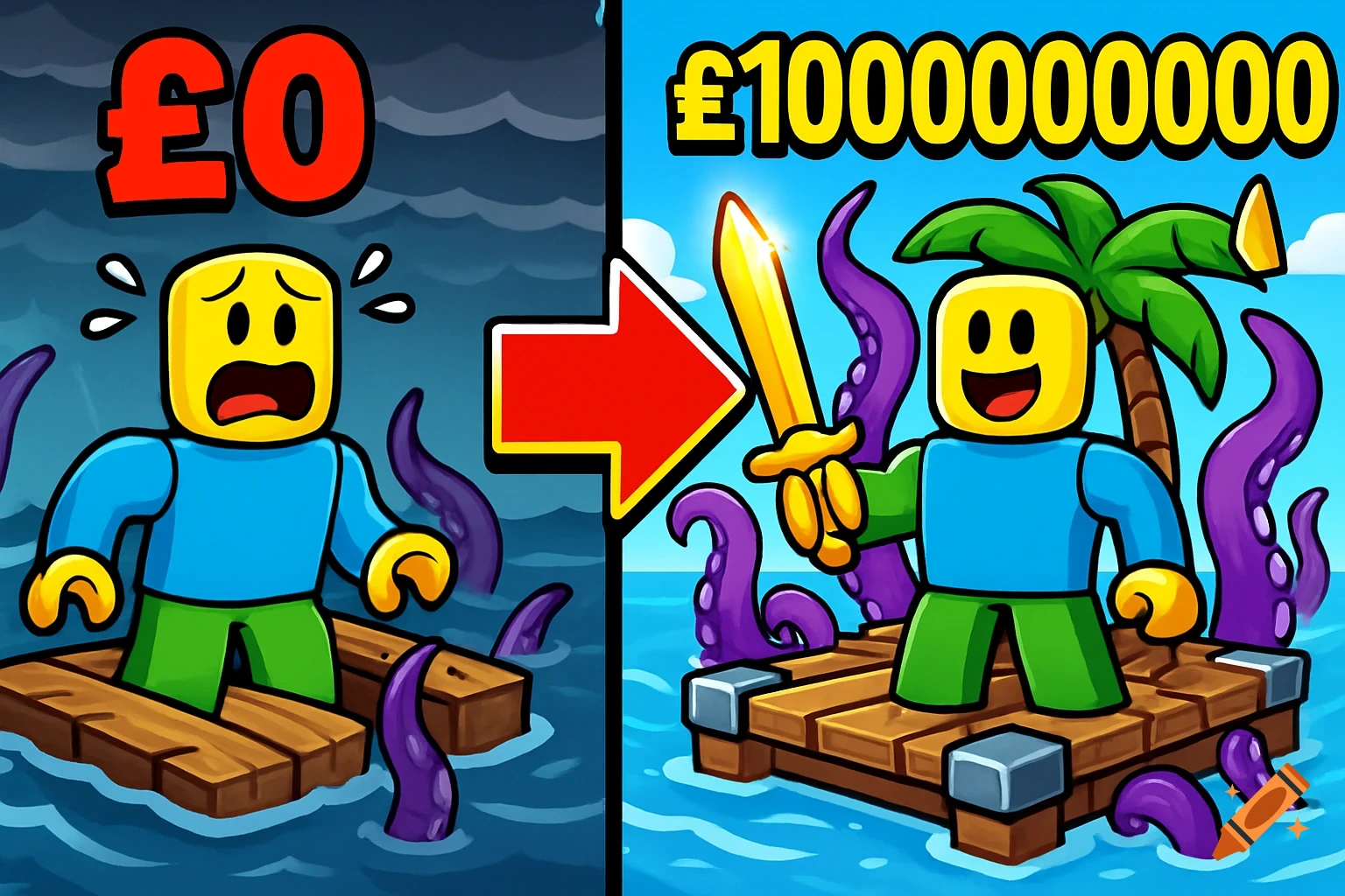 A Roblox character transformation: left side shows a scared character ...